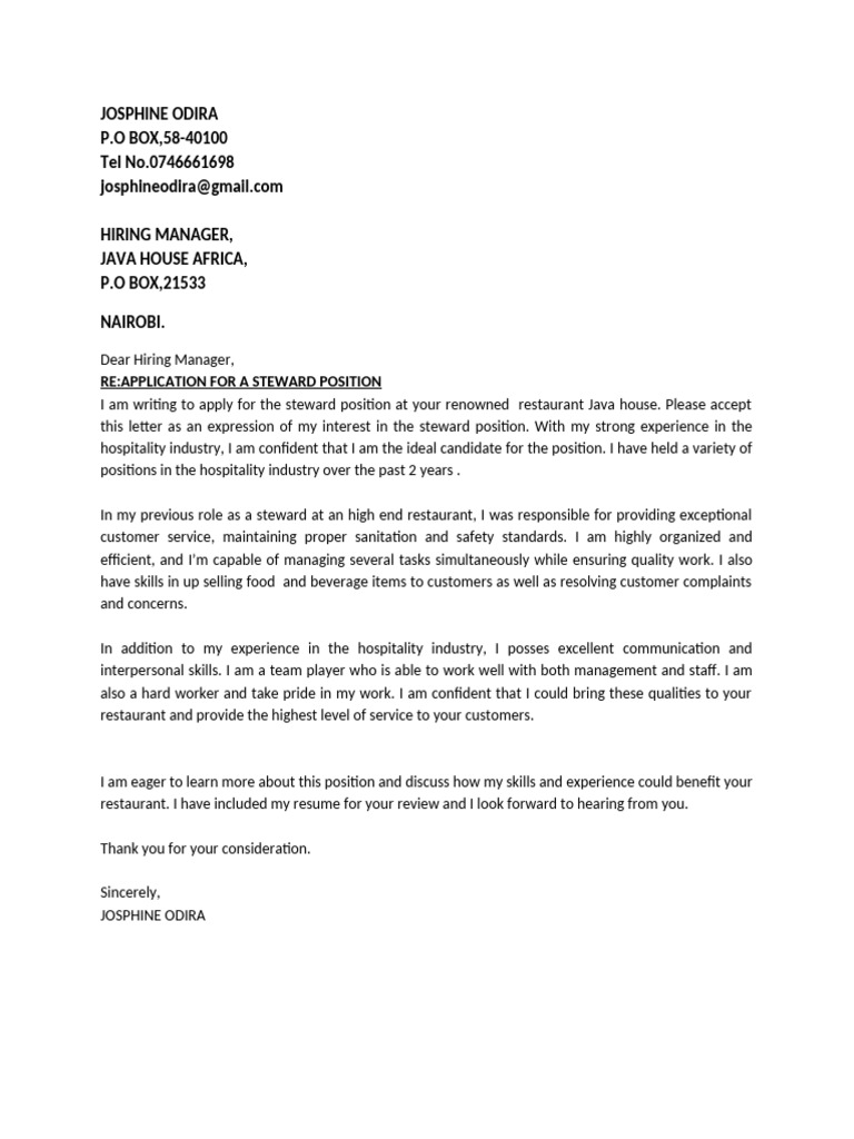 I Am Writing To Apply For The Steward Position at Your Renowned ...