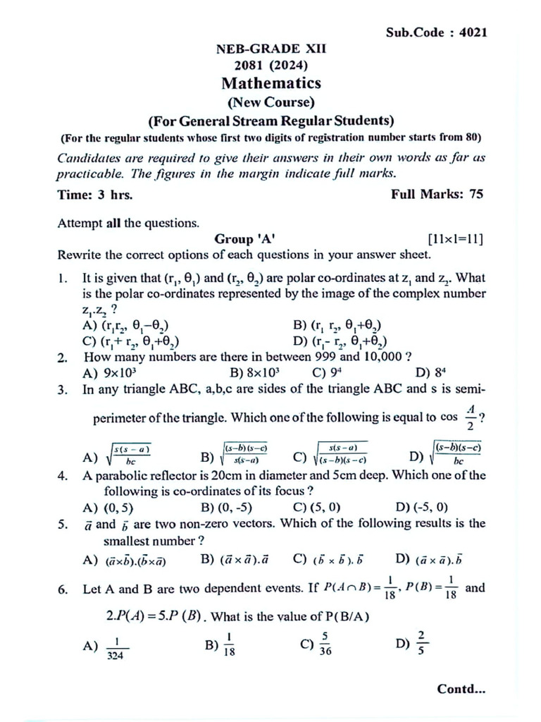 NEB Class 12 Maths Model Questions 2081 - 82 | PDF