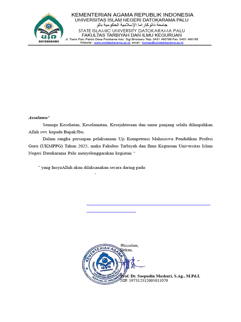 MADRASAH Sesi V Surat Undangan Peserta Induksi dan Bedah Kisi-kisi Soal UP PPG Batch 1 2025 | PDF