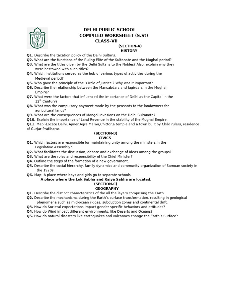 Class Vii Compiled Worksheet | PDF | Earth | Mughal Empire