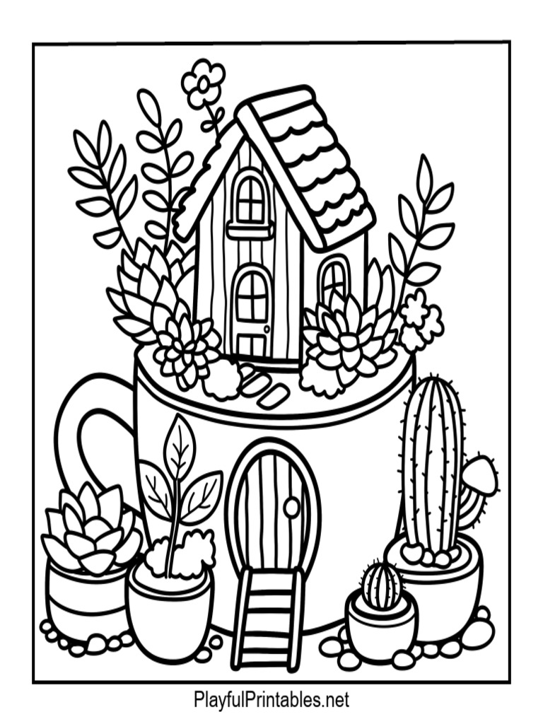 Teacup Fairy House Colorful Succulents Coloring Page | PDF