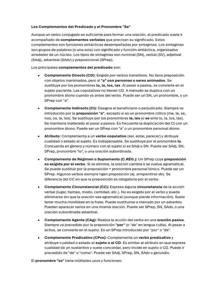 Los Complementos Del Predicado y El Pronombre | PDF | Verbo | Predicado (Gramática)