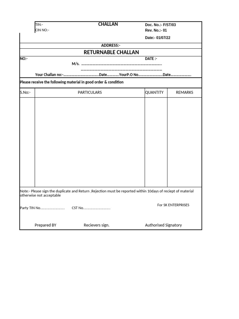 Ratpl-Str-F-03 Returnable Gate Pass (RGP) | PDF