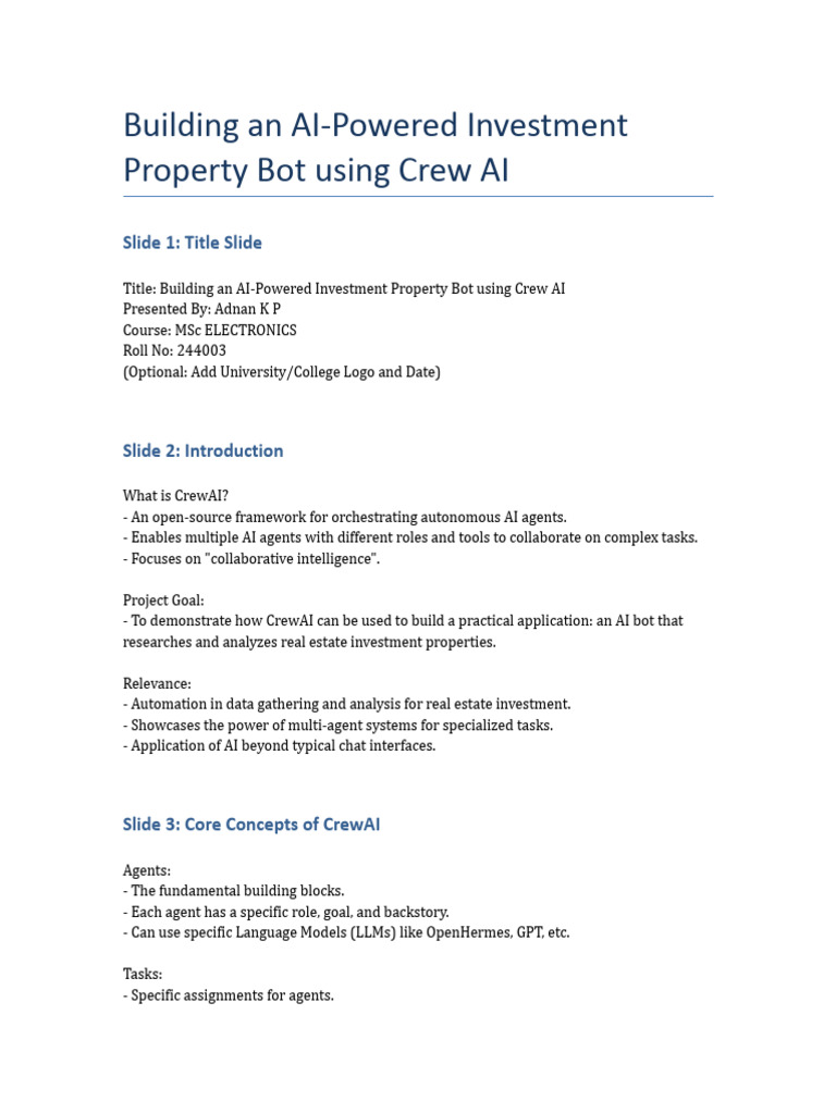 AI Investment Property Bot CrewAI Presentation | PDF | Artificial ...