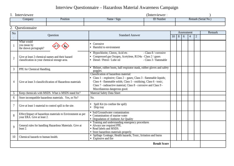 Interview-Questionnaire For Hazardous Material Awareness Campaign | PDF | Dangerous Goods ...