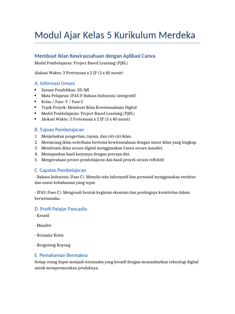 Modul Ajar Iklan Kewirausahaan Canva | PDF