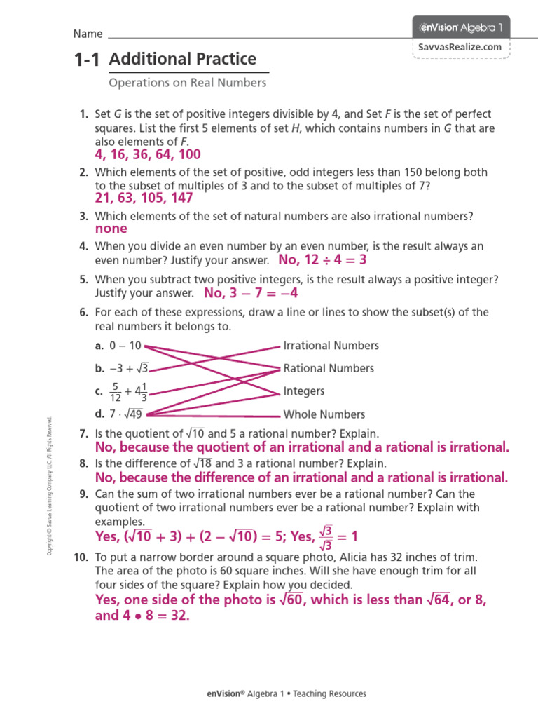 Answer Key_ 1-1_ Additional Practice | PDF | Numbers | Rational Number