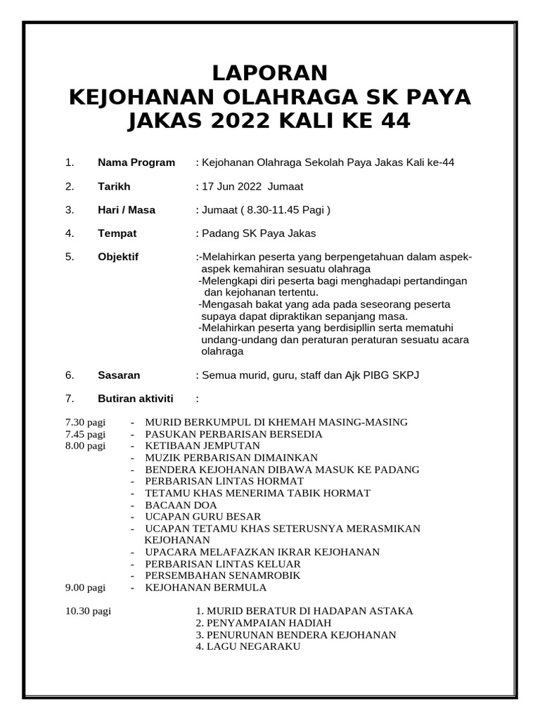 LAPORAN Sukan SK 2022 | PDF