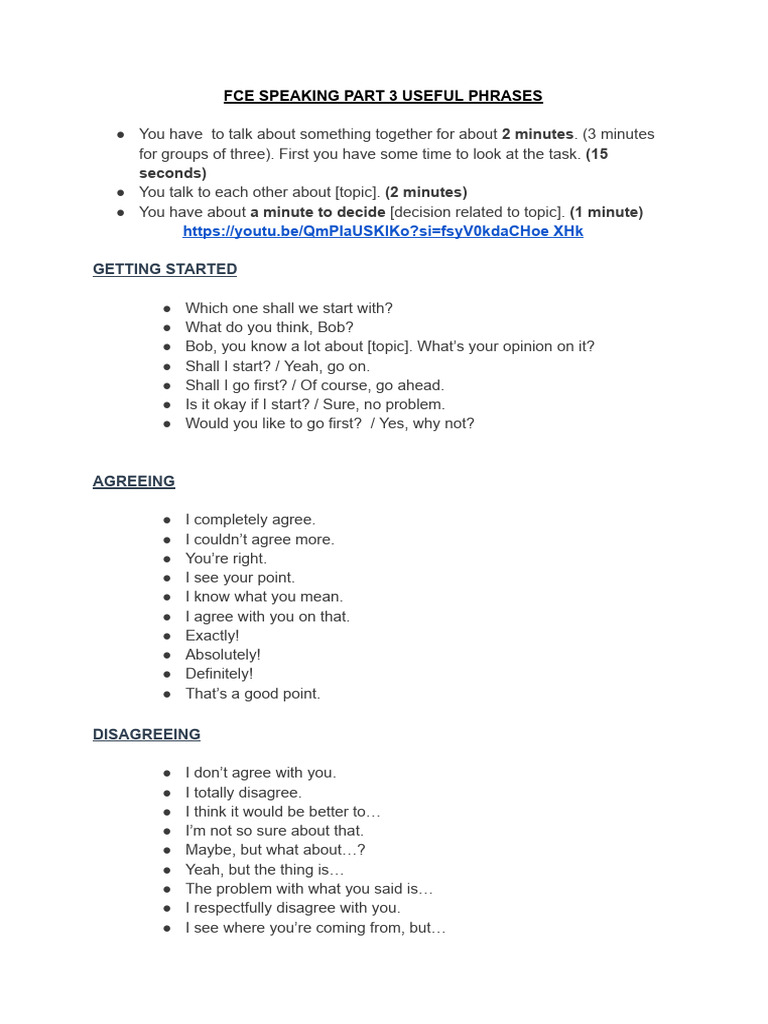 FCE SPEAKING PART 3 USEFUL PHRASES | PDF