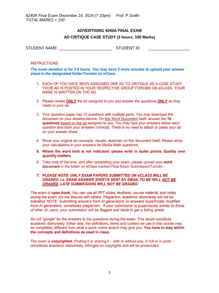 Final Exam 4240A Question Paper | PDF | Brand | Target Audience