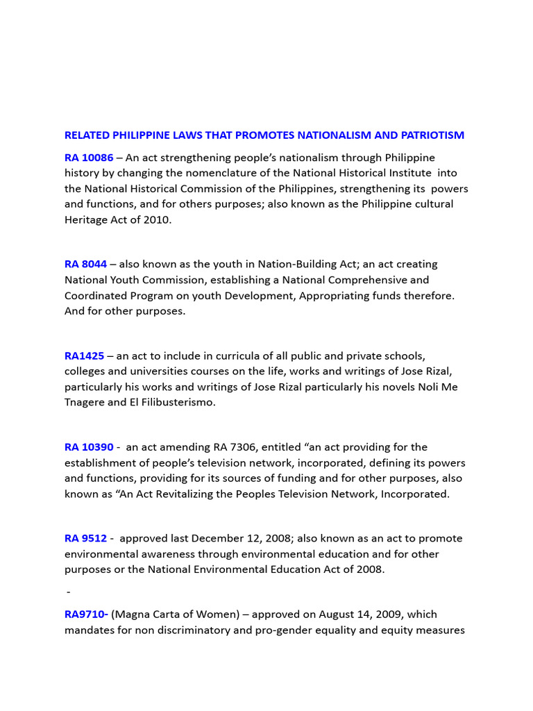 Philippine Laws for Nationalism & Patriotism | PDF | Justice | Crime ...