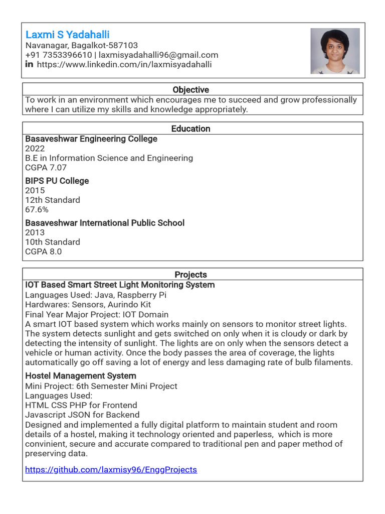 Laxmi S Yadahalli Frehser Resume 2022 | PDF | Internet Of Things | Computing