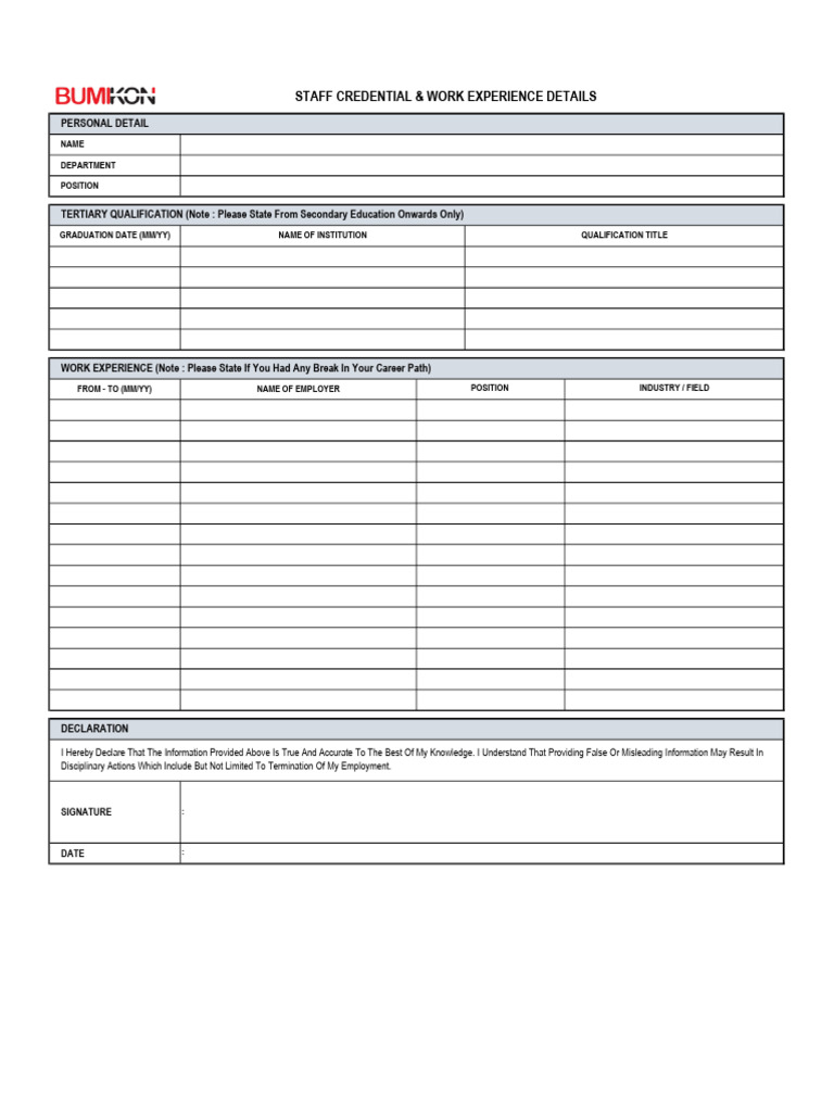 Staff Data Form - Credential & Work Experience | PDF