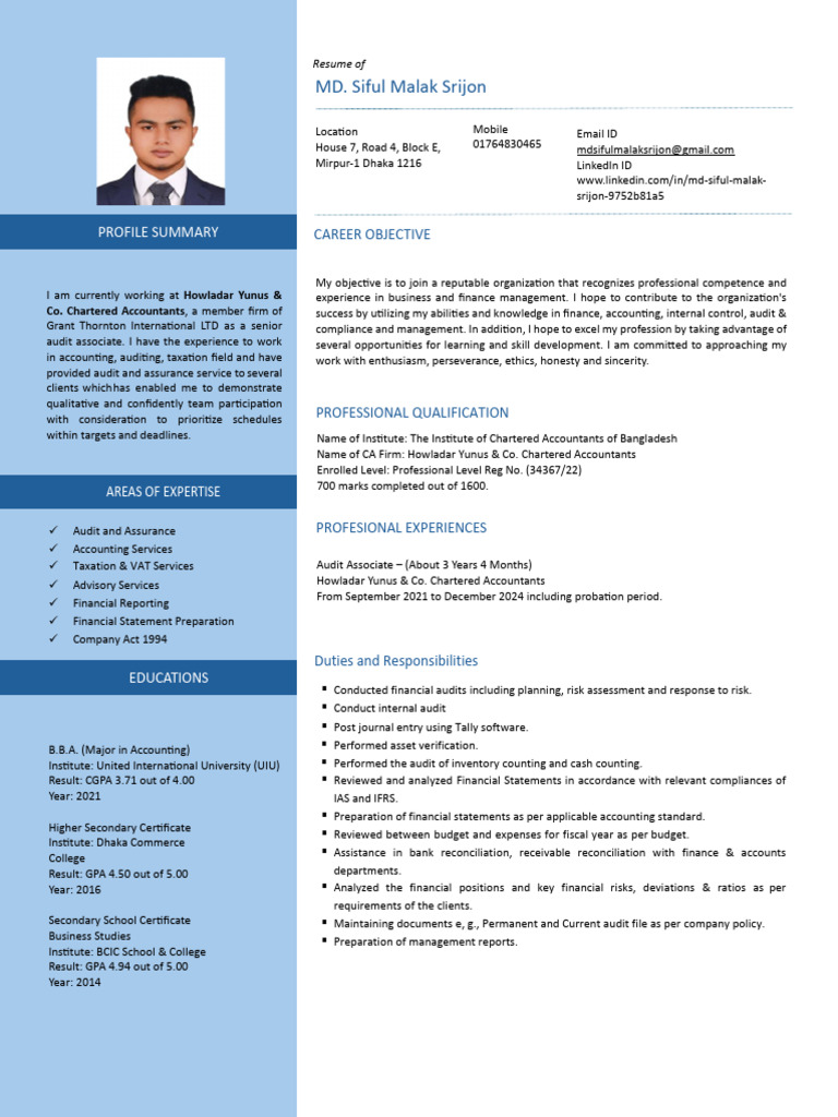 Resume of Md. Siful Malak Srijon (2) | PDF | Audit | Accounting