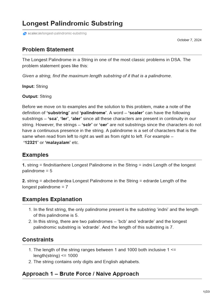 Longest Palindromic Substring | PDF | String (Computer Science) | Dynamic Programming