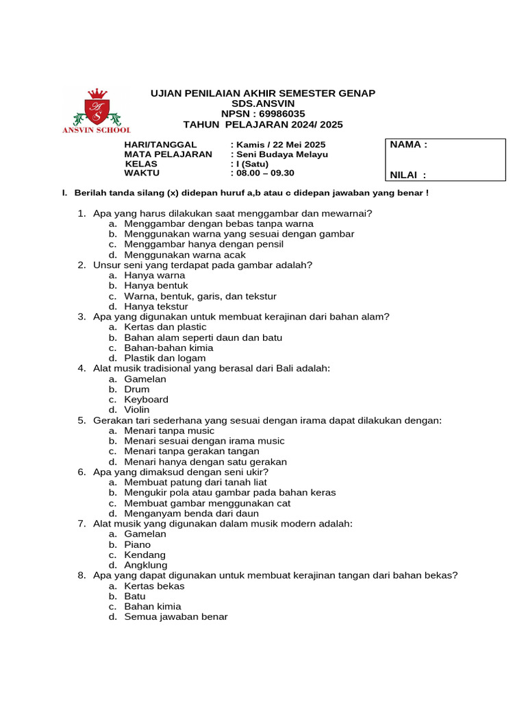 Soal Seni Budaya New LV 1 | PDF