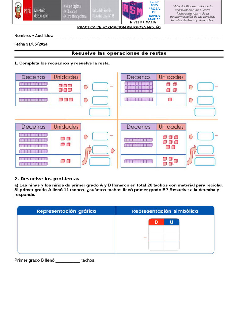 Practica MATEMATICA PROBLEMAS EN SUSTRACCIONES | PDF