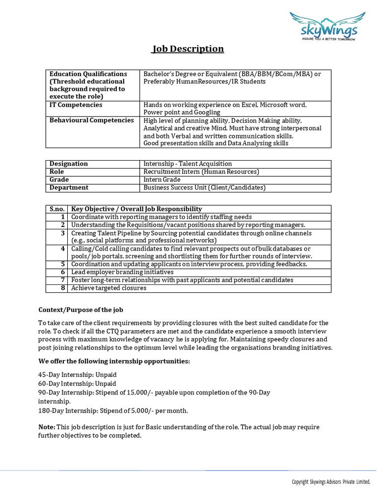 JD For Recruitment Internship | PDF | Recruitment | Business