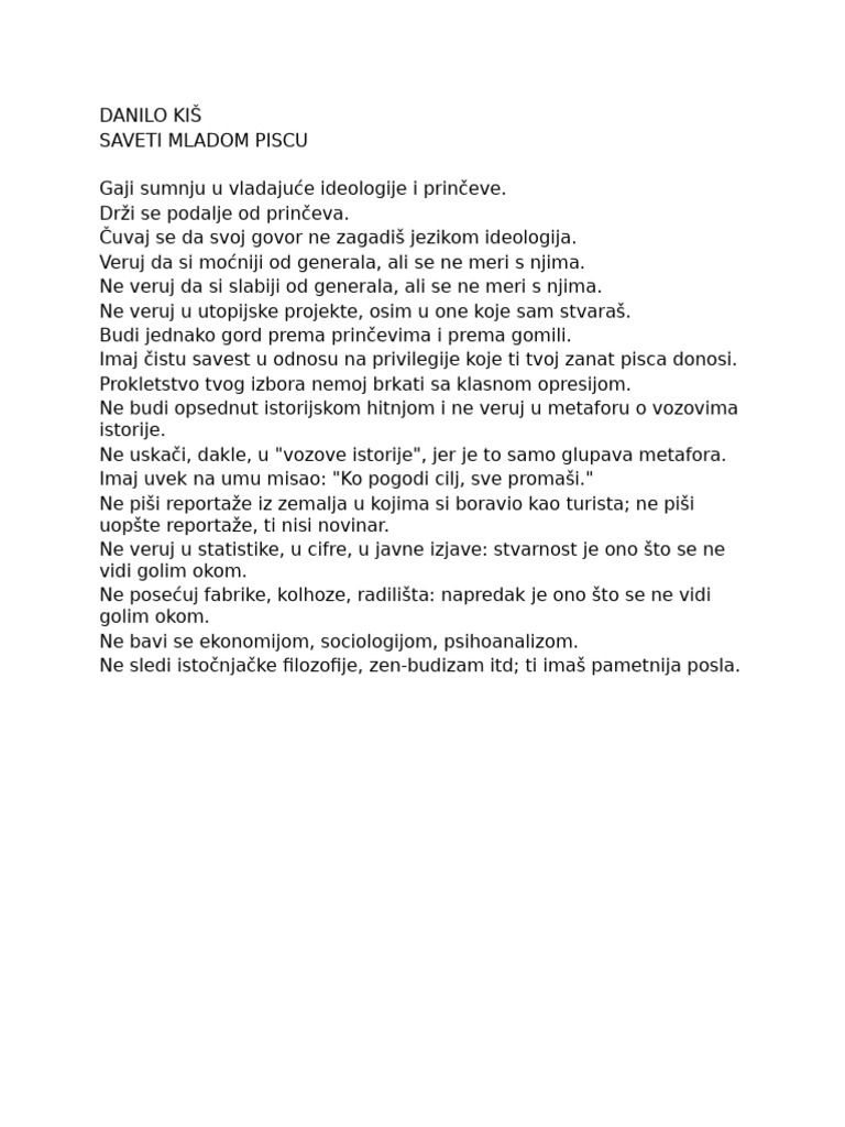 Danilo Kiš Saveti Mladom Piscu | PDF