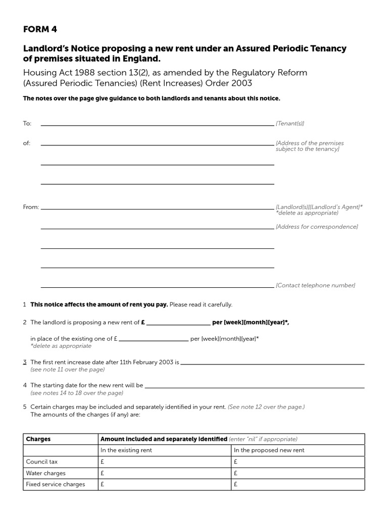 Section 13 Form 4 England V2 | PDF | Leasehold Estate | Landlord