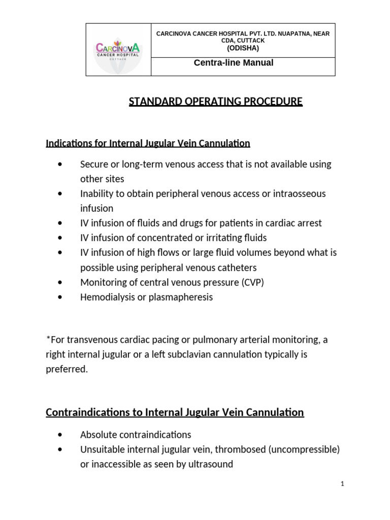 Internal Jugular Vein Cannulation SOP | PDF | Vein | Medical Specialties