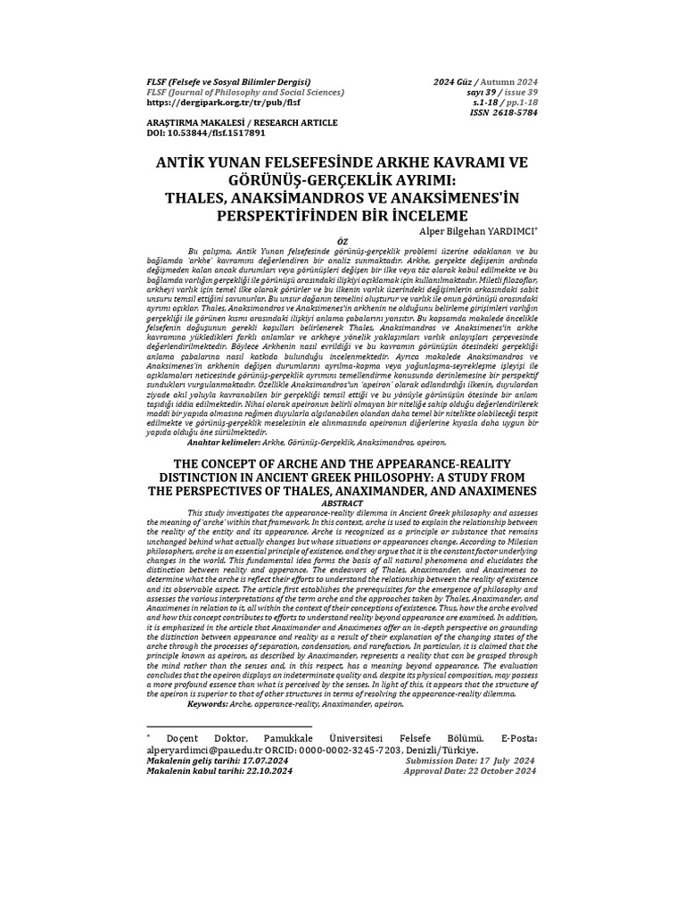 Antik Yunan Felsefesinde Arkhe Kavrami Ve Görünüş-Gerçeklik Ayrimi ...