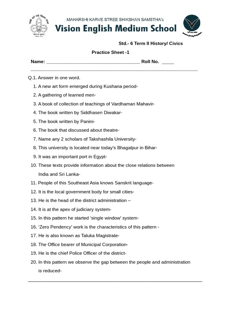 Practice Sheet History Std.6 | PDF