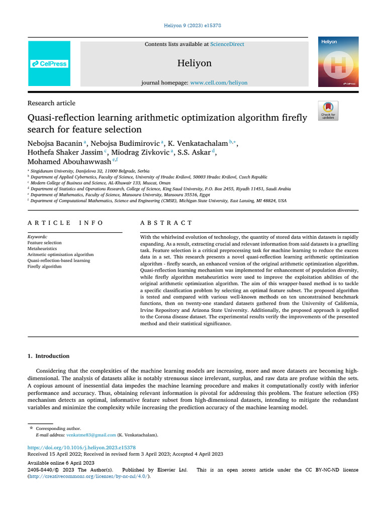 Quasi Re Ection Learning Arithmetic Optimization Algorithm Re Y Search For Feature Selection
