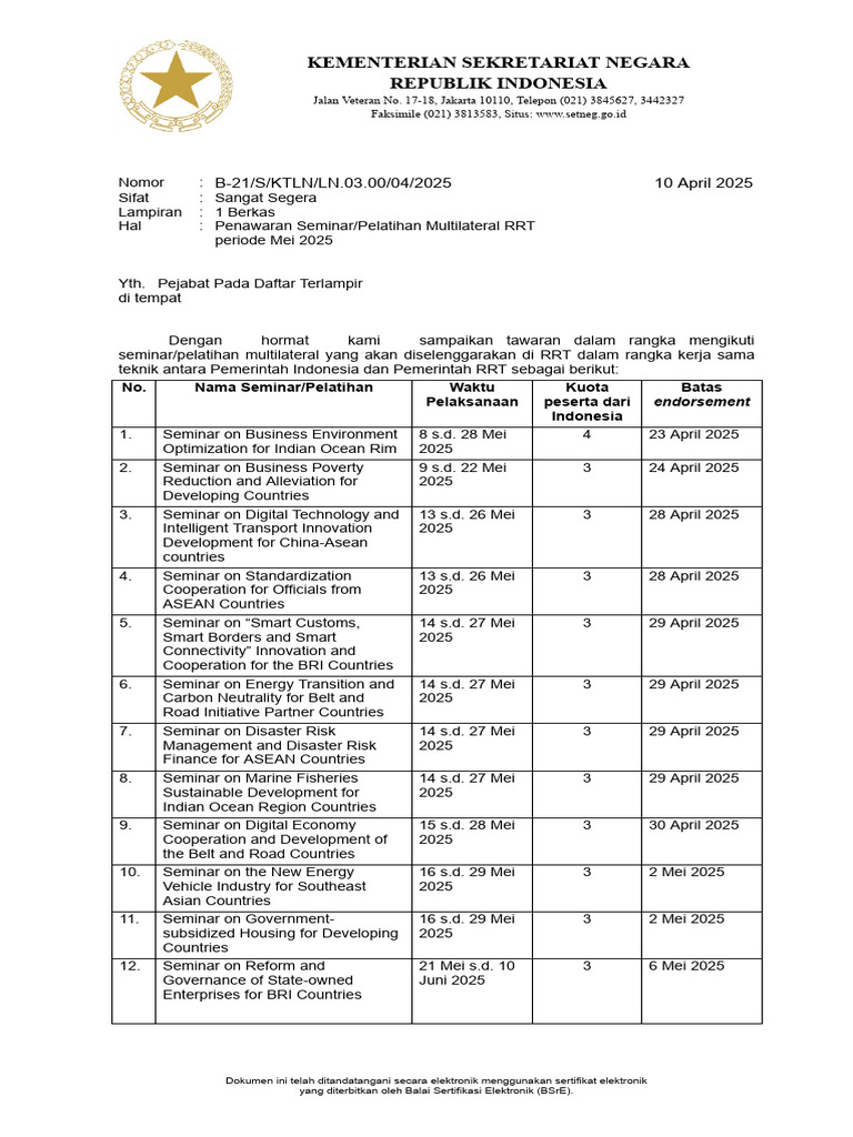 Surat Penawaran Pelatihan RRT Mei 2025 Fin | PDF