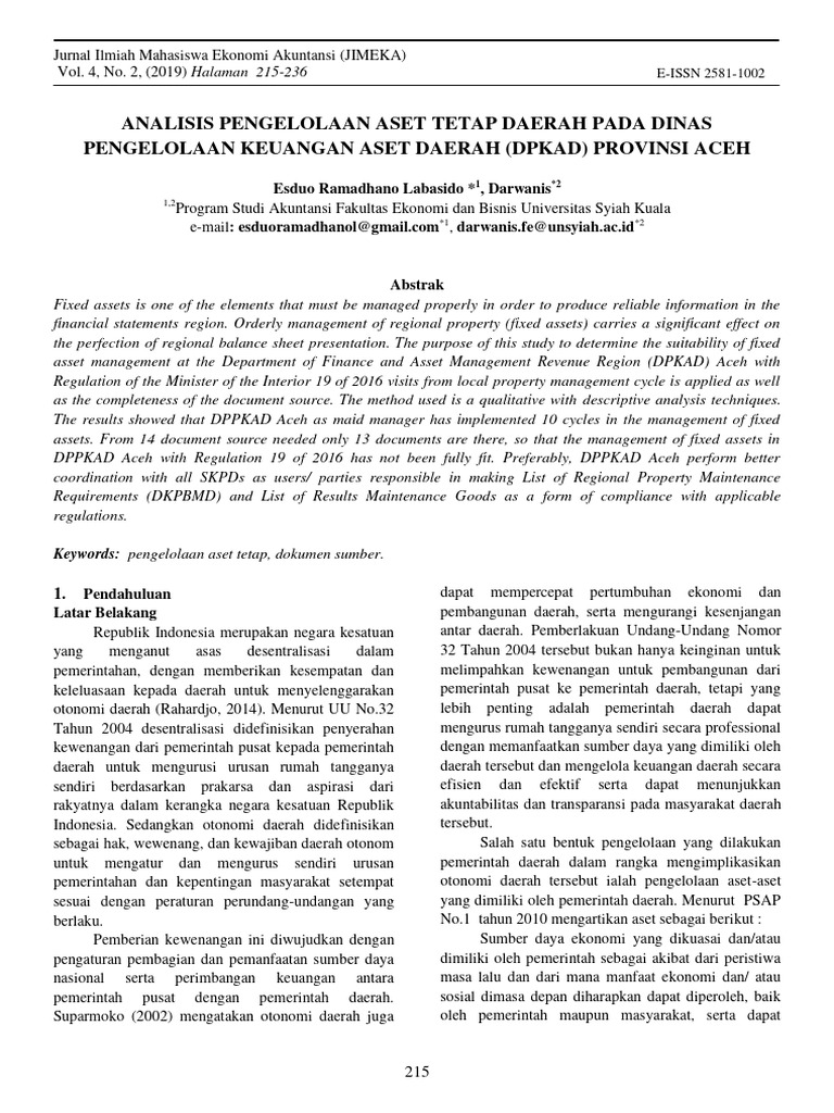 Analisis Pengelolaan Aset Tetap Daerah Pada Dinas Pengelolaan Keuangan Aset Daerah (Dpkad) Prov ...