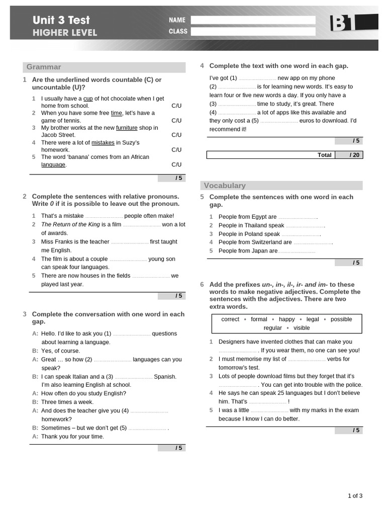 G3 U3 测试 | PDF | English Language | Language Families