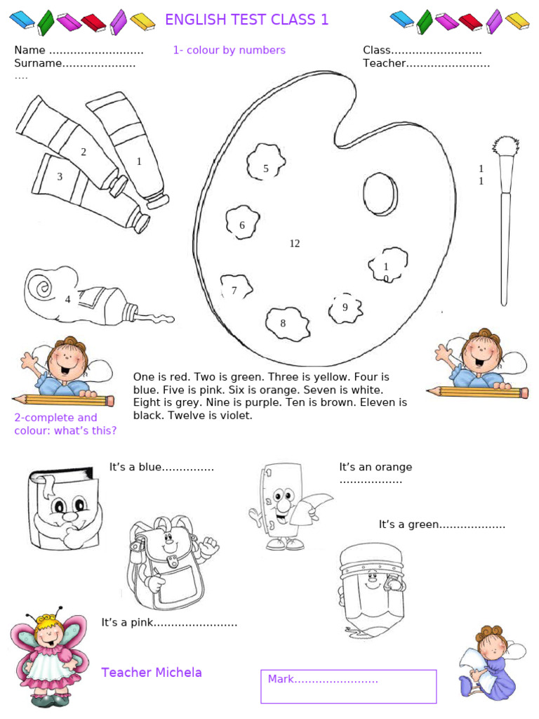 English Test Class 1 Colours Numbers School Object Test | PDF