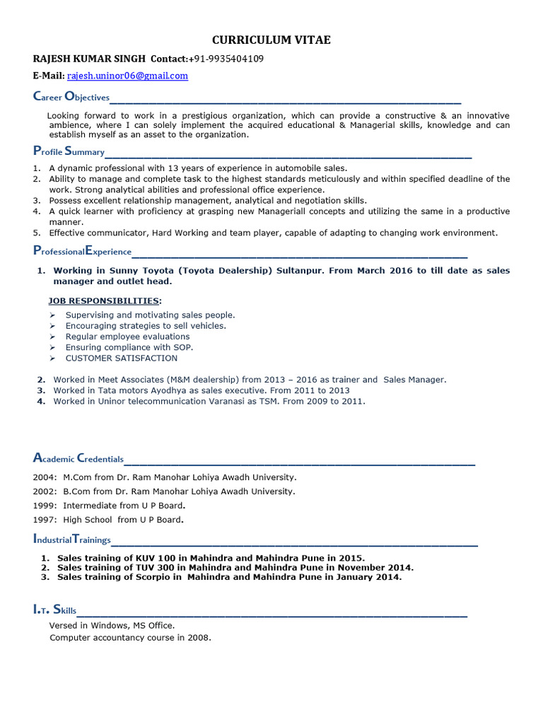 Rajesh Singh Toyota CV | PDF | Human Communication | Learning