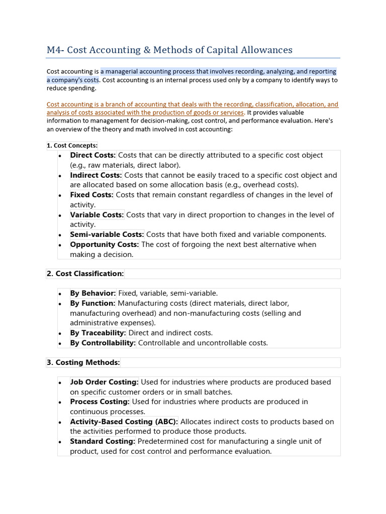 M4 - Cost Accounting & Methods of Capital Allowances | PDF | Cost ...