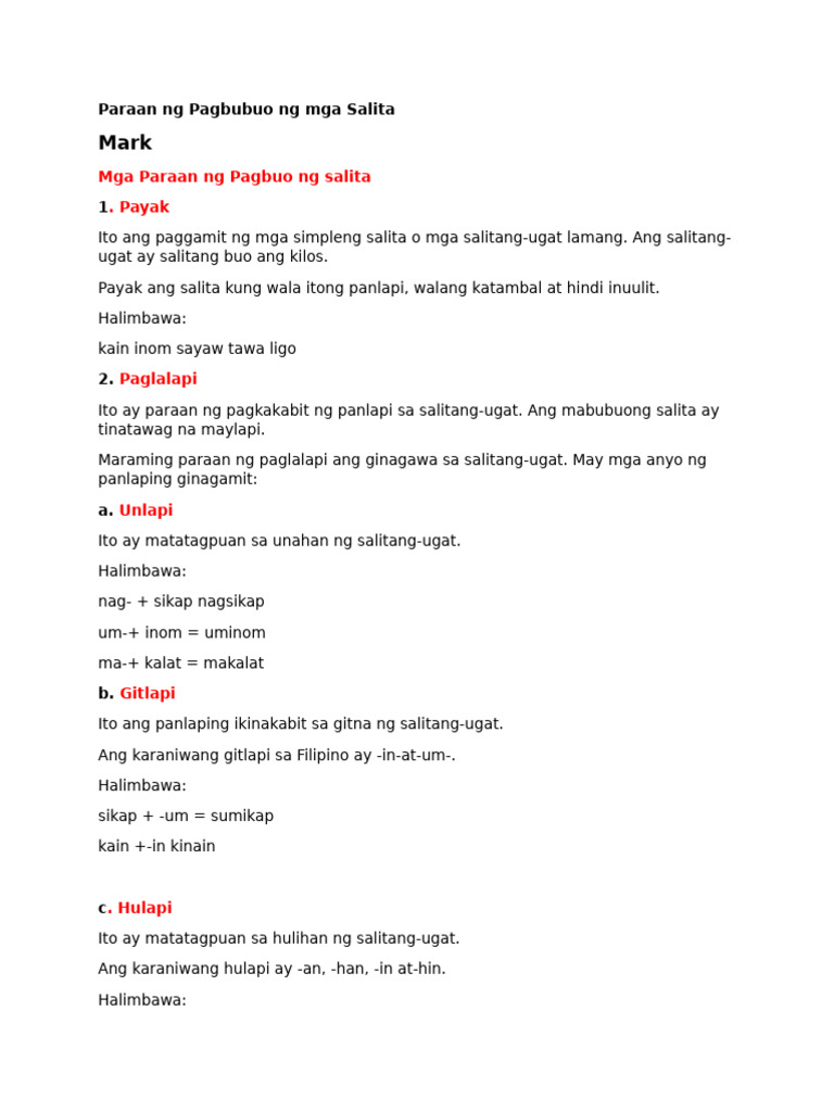 Paraan NG Pagbubuo NG Mga Salita | PDF