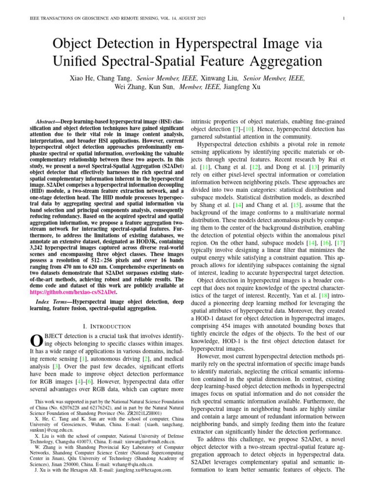 Hsi target detection via unified spectral-special feature aggregation ...