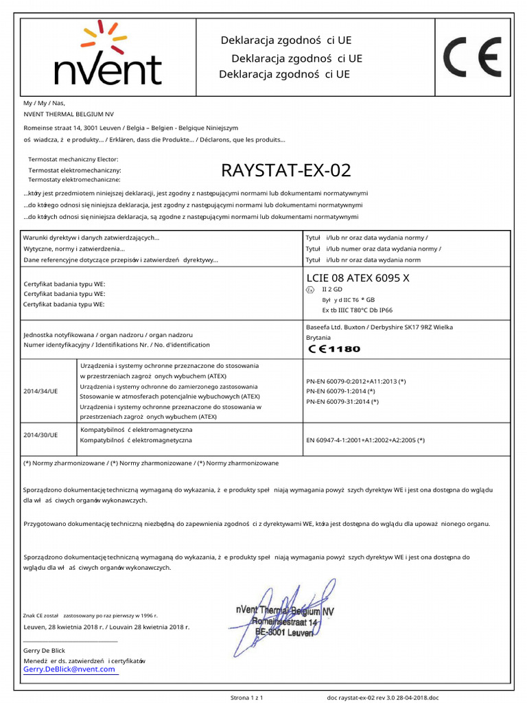 Deklaracja Zgodności - Termostat Mechaniczny Z Czujnikiem Powierzchni ...