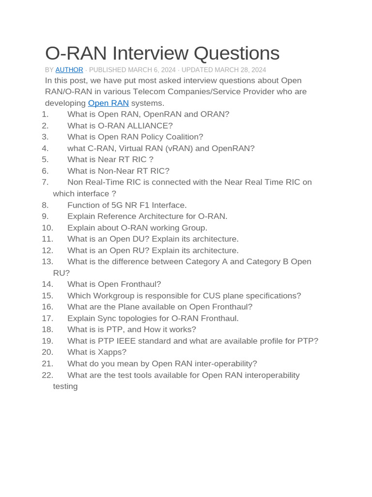Open RAN Interview Questions Guide | PDF