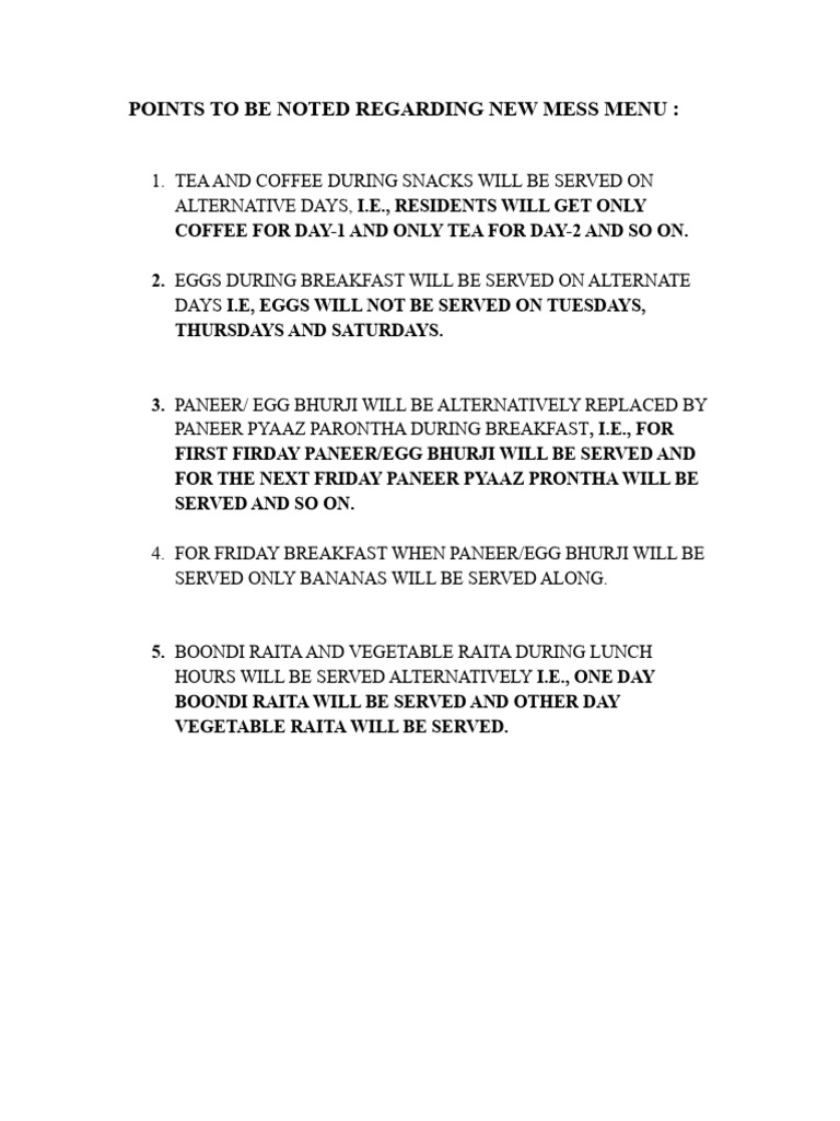 Mess Menu Notice | PDF