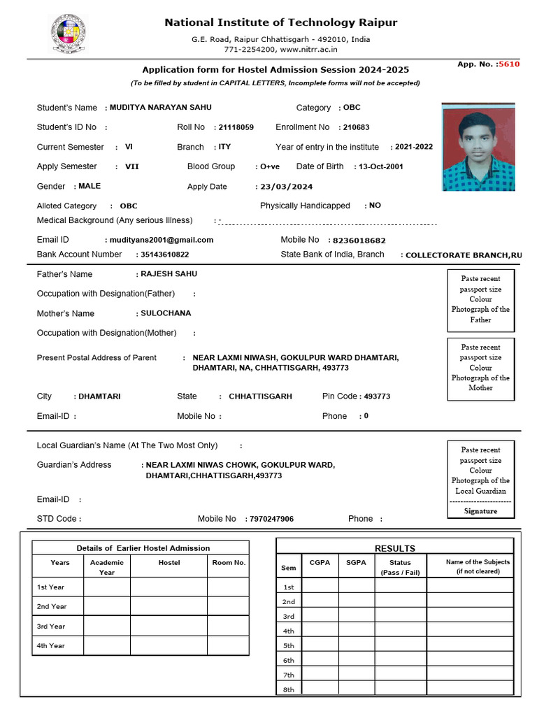 Hostel Admission Form 2024-2025 | PDF