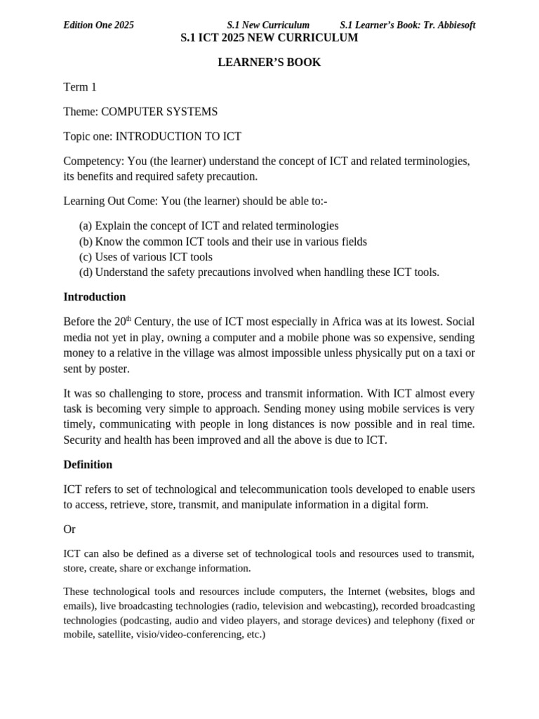 Ict S.1 Learners Notes 2025 | PDF | Educational Technology | Input/Output