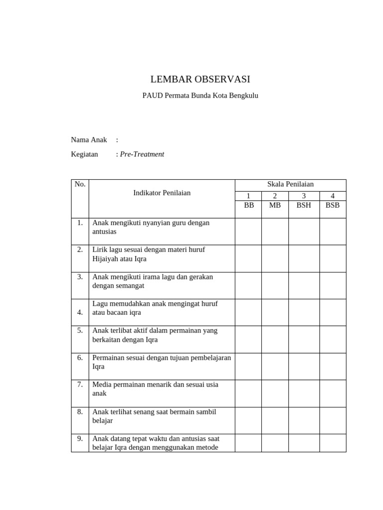 LEMBAR OBSERVASI Ceklist Anak | PDF