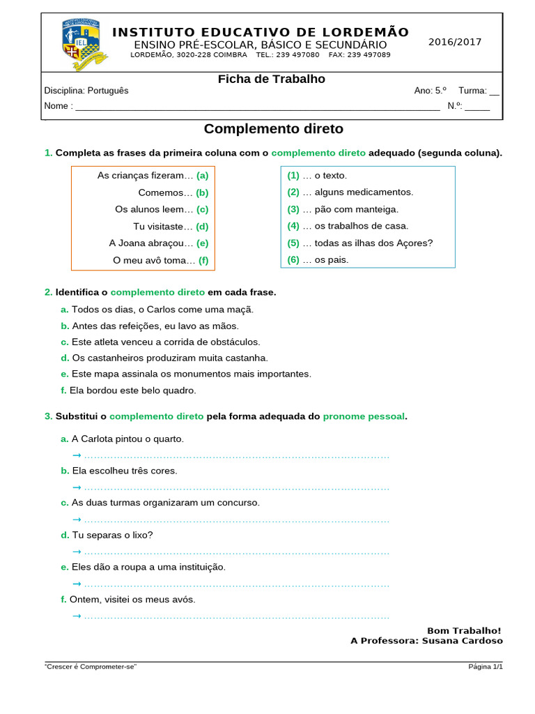 Ficha de Trabalho - Complemento Direto | PDF