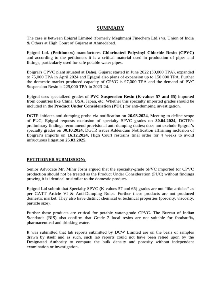 Epigral Ltd. vs. Union of India: CPVC Case | PDF | Polyvinyl Chloride ...