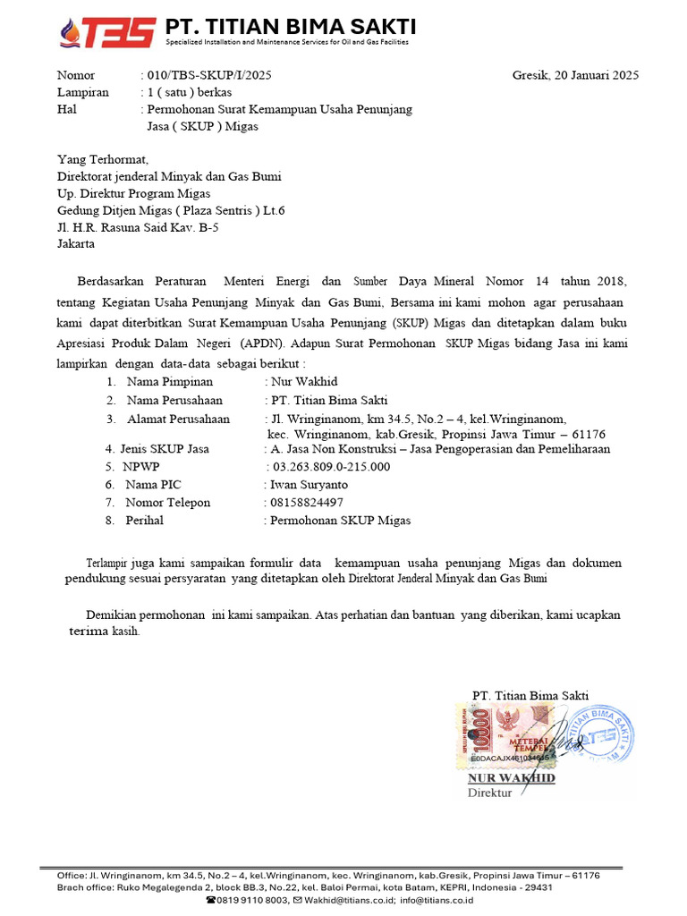Permohonan SKUP Migas - PT TBS - 20 Januari 2025 | PDF