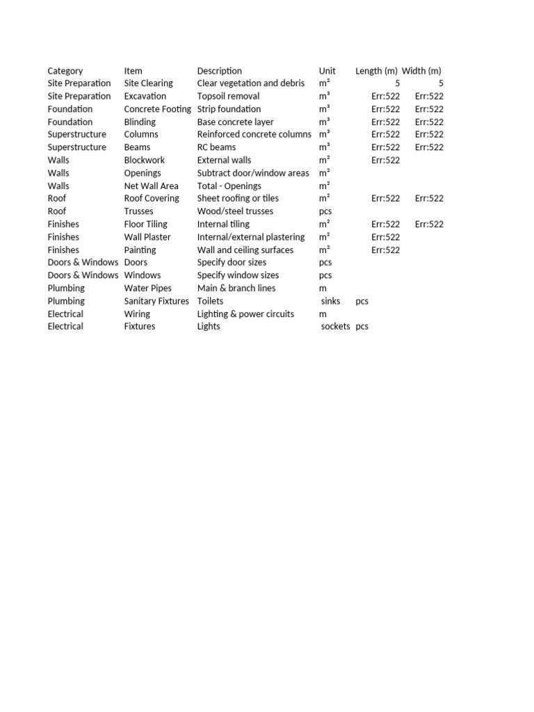 Residential Construction QTO Template - Standard Excel Formulas | PDF