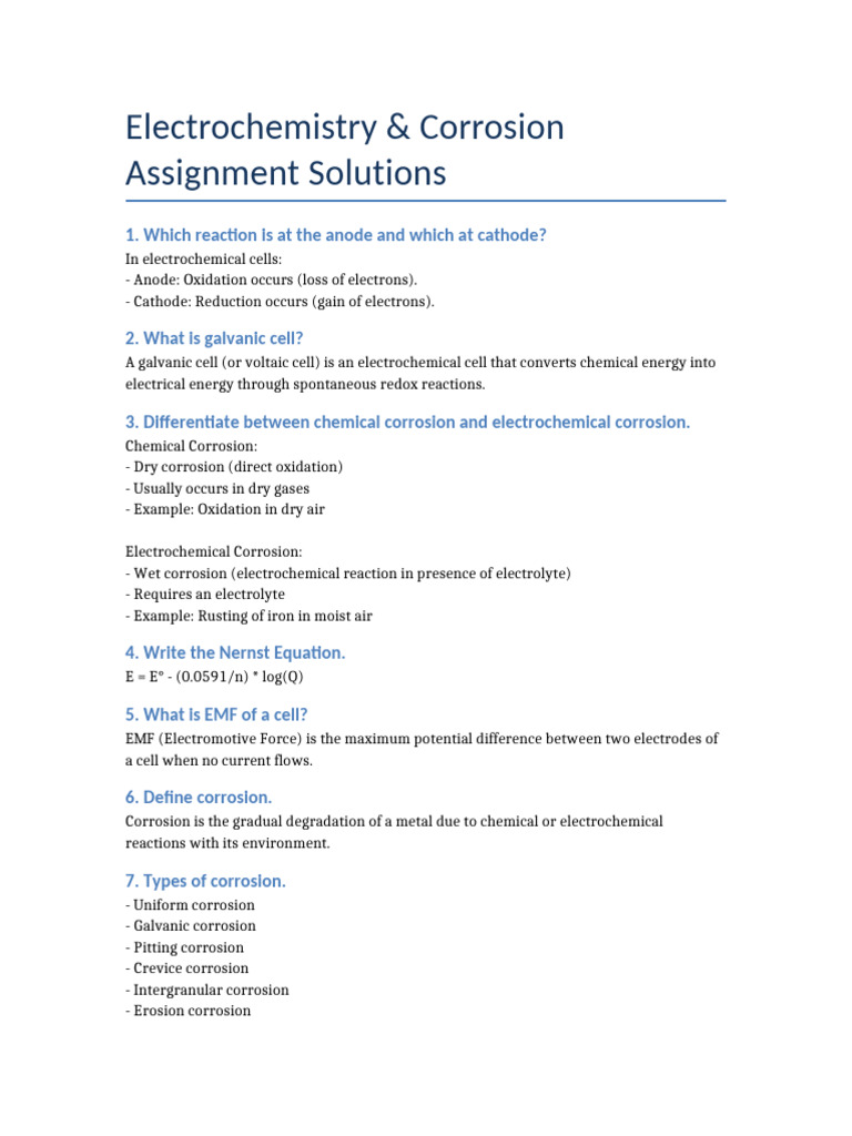 Electrochemistry Corrosion Assignment Solutions | PDF | Electrochemistry | Corrosion