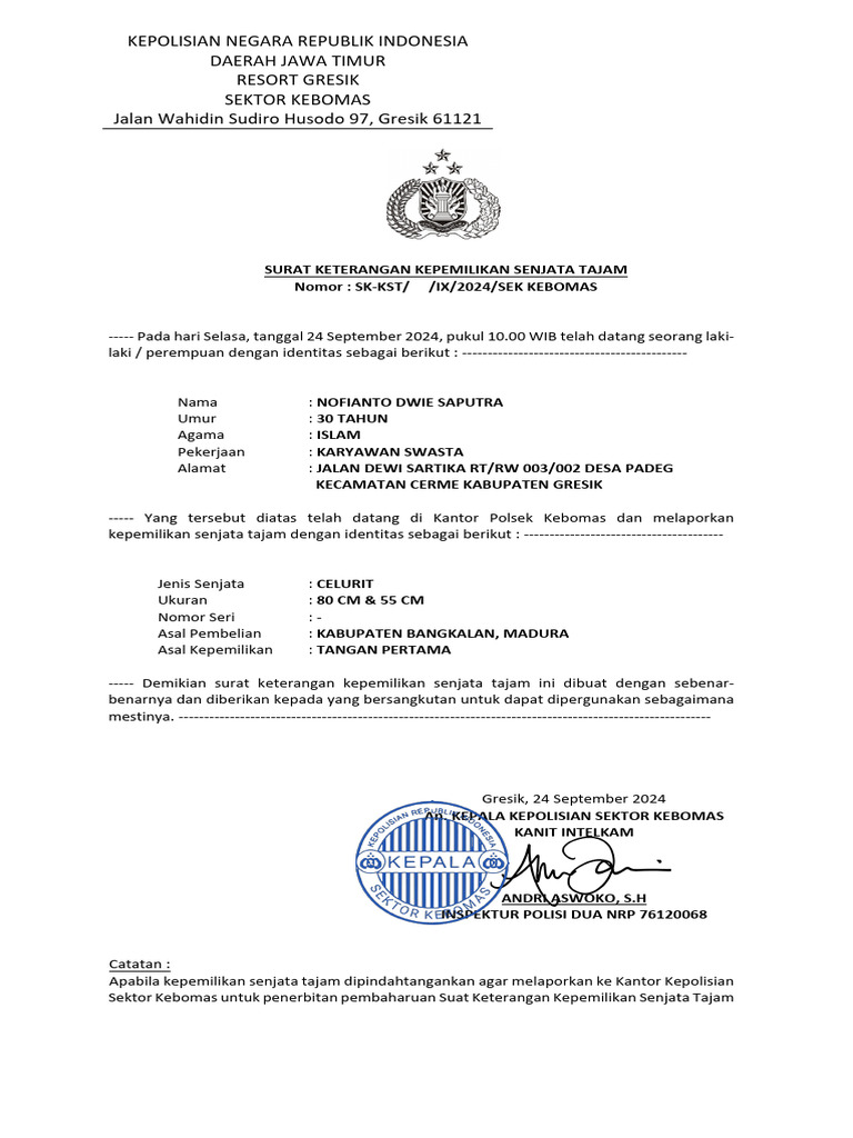 Surat Keterangan Kepemilikan Senjata Tajam | PDF