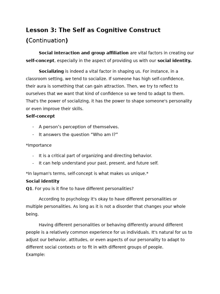 Lesson 3: The Self As Cognitive Construct | PDF | Self Awareness | Self Concept