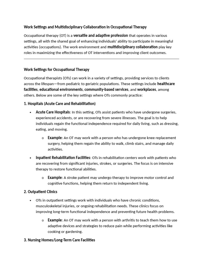 Work Settings and Multidisciplinary Collaboration in Occupational ...
